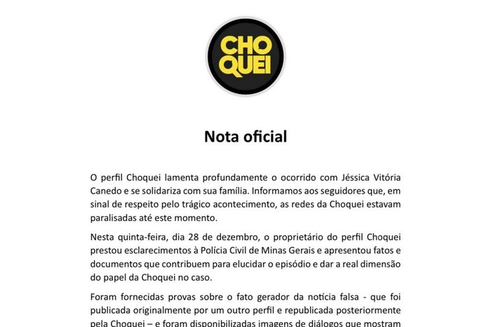 Administrador do perfil Choquei se pronuncia após morte de Jéssica ...